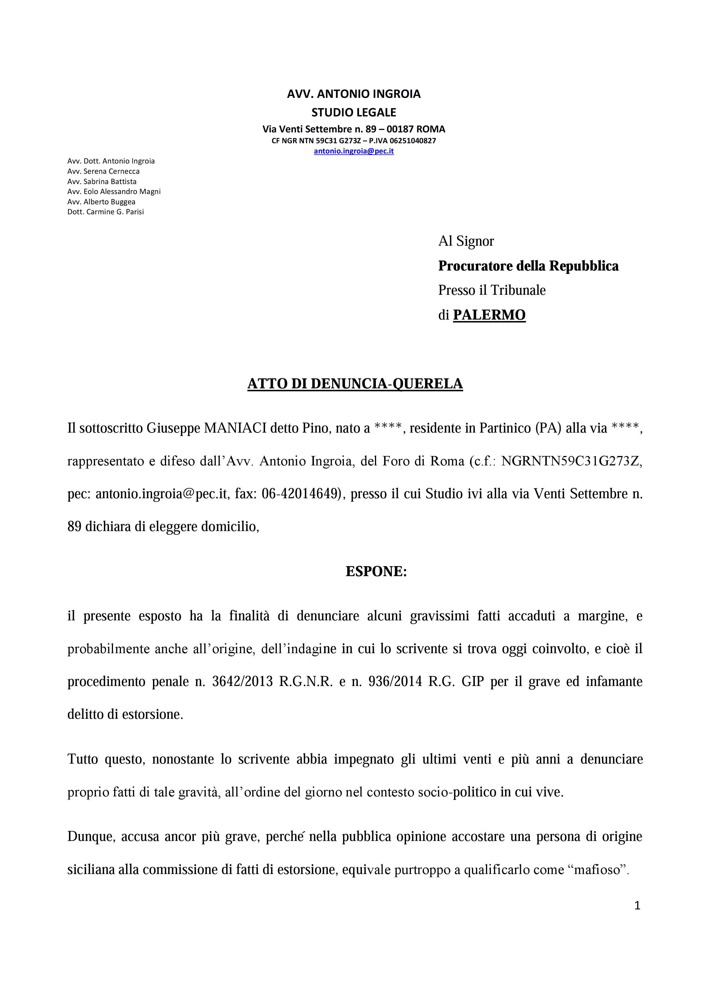 Atto di denuncia-querela di Pino Maniaci nei confronti dei carabinieri ... Atto di denuncia-querela di Pino Maniaci nei confronti dei carabinieri ...